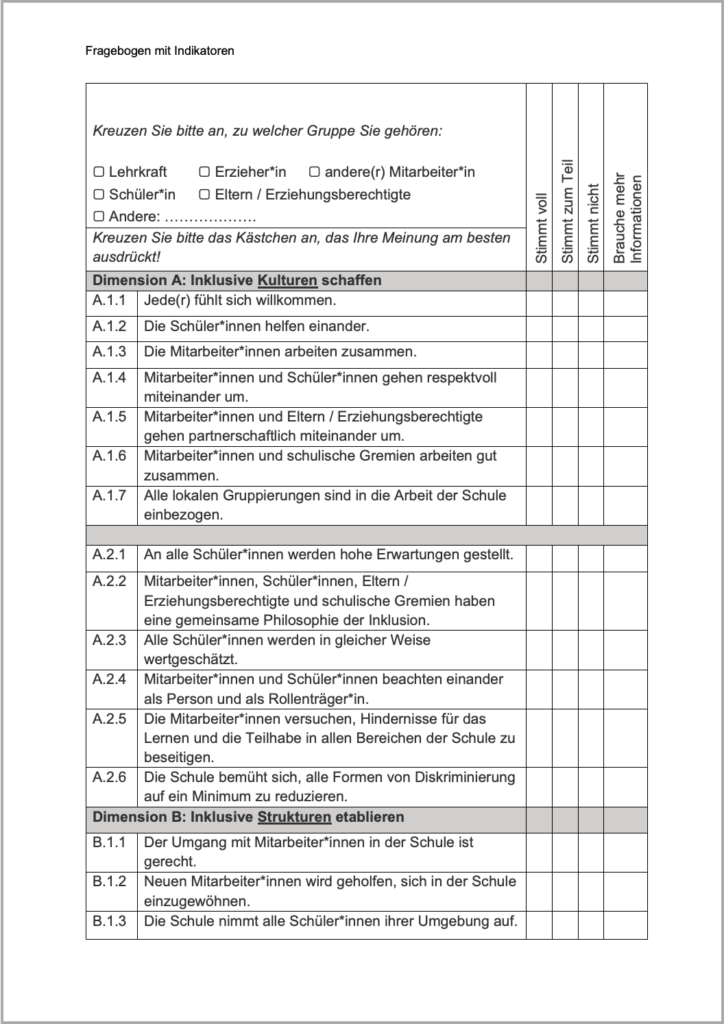 Fragebogen mit Indikatoren - Index für Inklusion