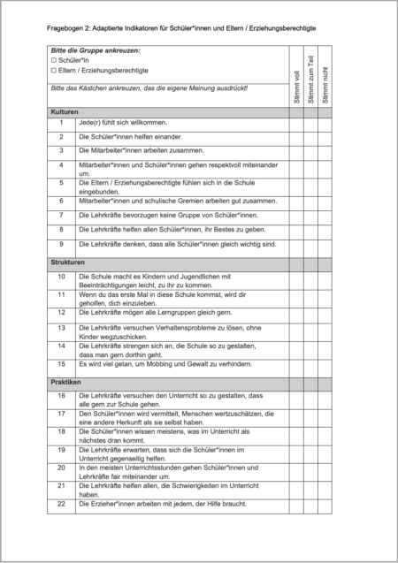 Fragebogen - Index für Inklusion - Index für Inklusion
